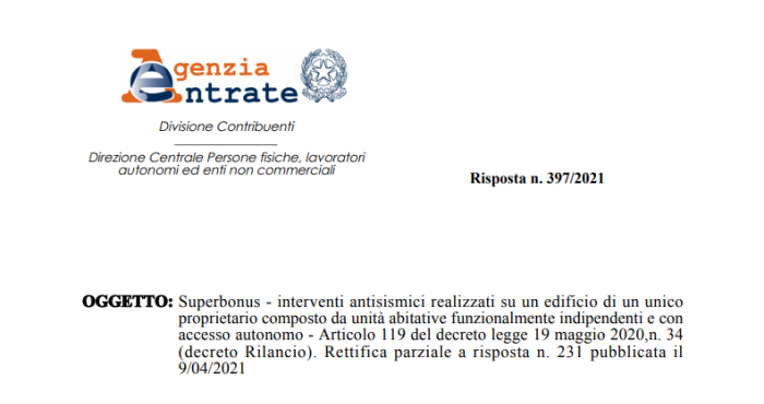 Superbonus 110, agevolazione per unico proprietario: ok solo se l ... Superbonus 110, agevolazione per unico proprietario: ok solo se l ...