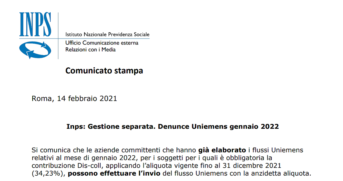Gestione separata, denunce Uniemens gennaio 2022 con vecchia aliquota ...