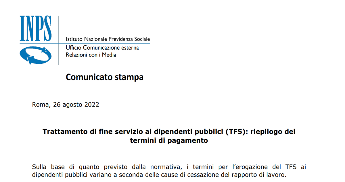 TFS dipendenti pubblici, quando arriva? Dall’INPS i tempi di pagamento