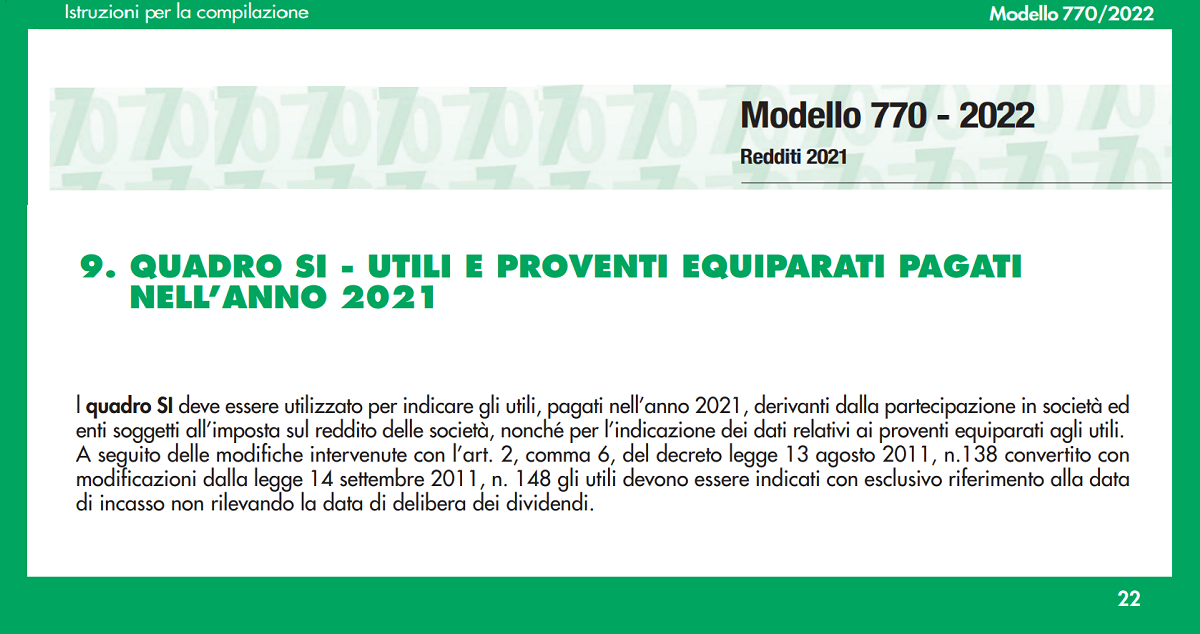 Il Quadro SI del Modello 770/2022 per la distribuzione dei dividendi