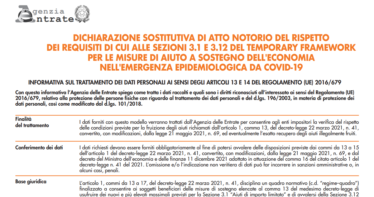 Autodichiarazione Aiuti di Stato Covid, nuovo modello con ...