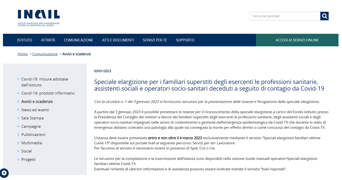 Contributo per familiari dei sanitari deceduti per COVID: domanda in ...