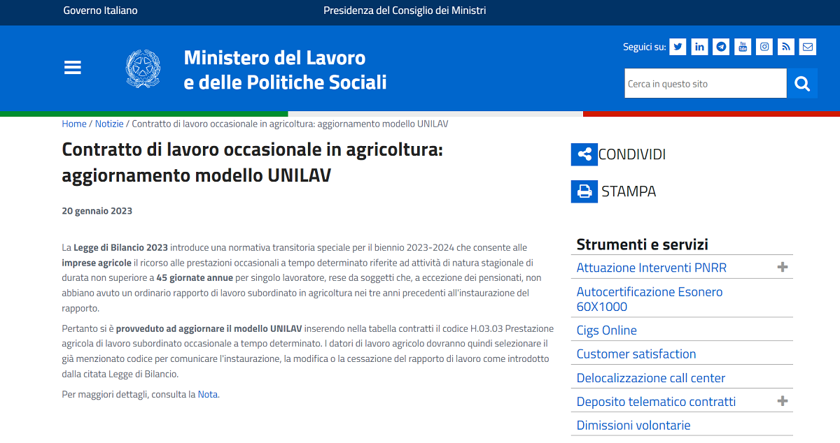 Lavoro occasionale in agricoltura: aggiornato il modello UNILAV con le ...