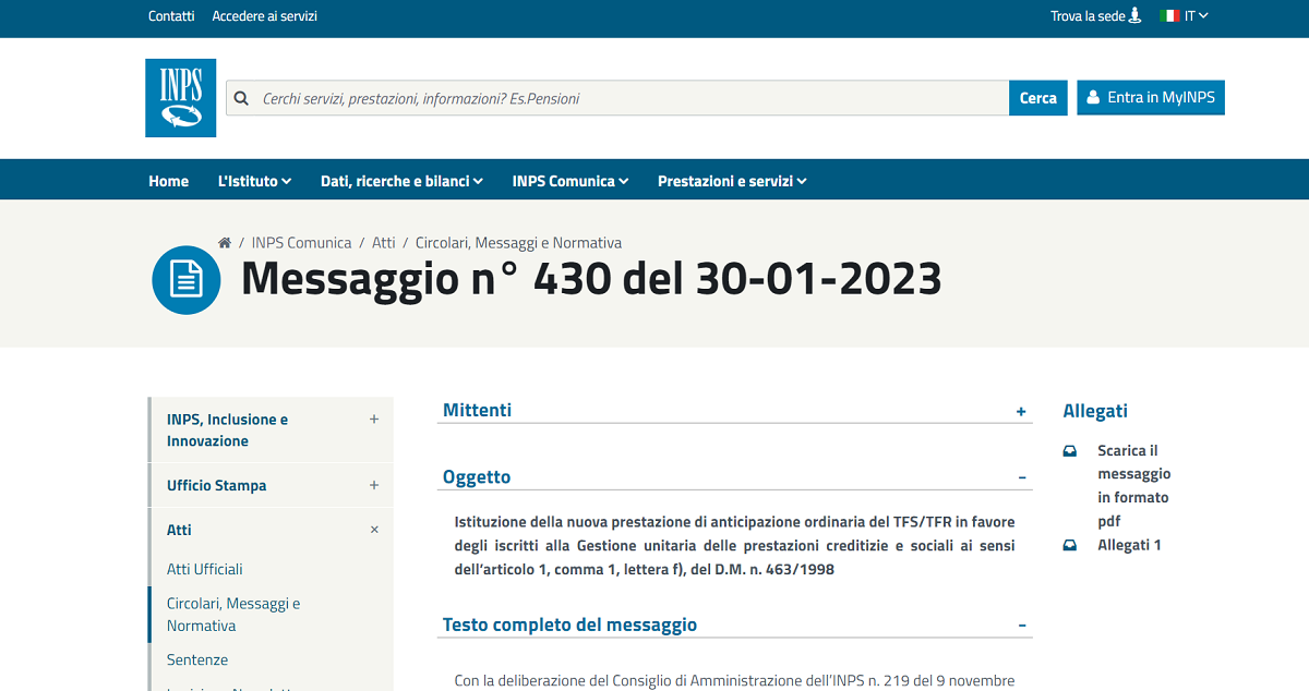 Anticipo TFR/TFS dipendenti pubblici: le istruzioni INPS per presentare ...