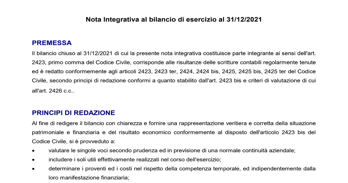 La nota integrativa del bilancio d’esercizio
