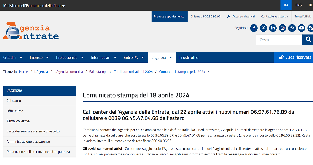 Contatti Agenzia delle Entrate: i nuovi numeri di telefono