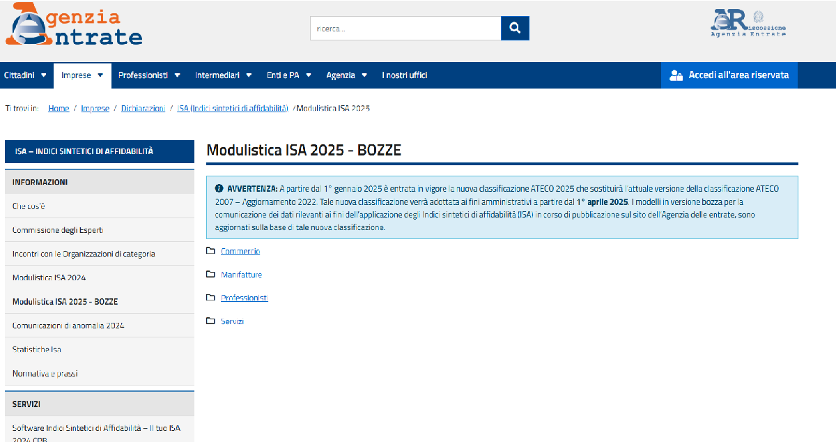 ISA 2025, online le bozze dei modelli con la nuova classificazione ATECO