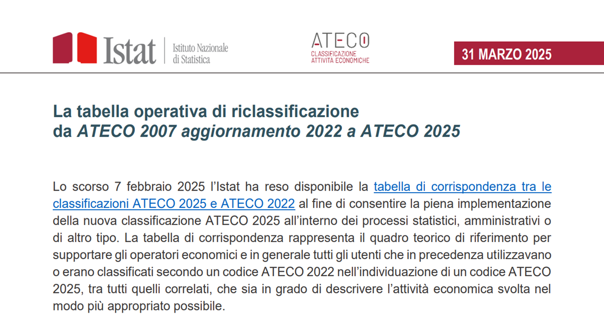 Codici ATECO 2025: elenco e tabella di raccordo