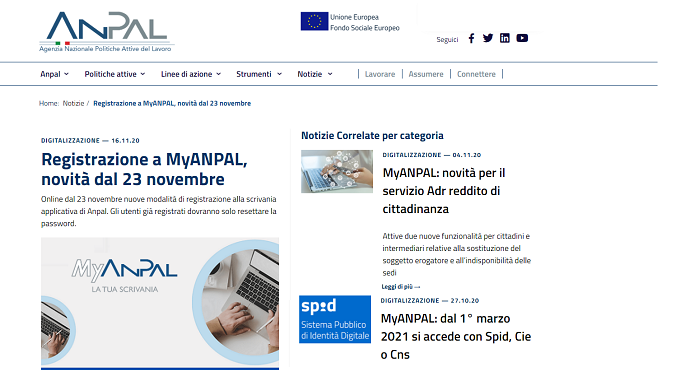 Iscrizione My Anpal: dal 23 novembre nuova procedura per le credenziali