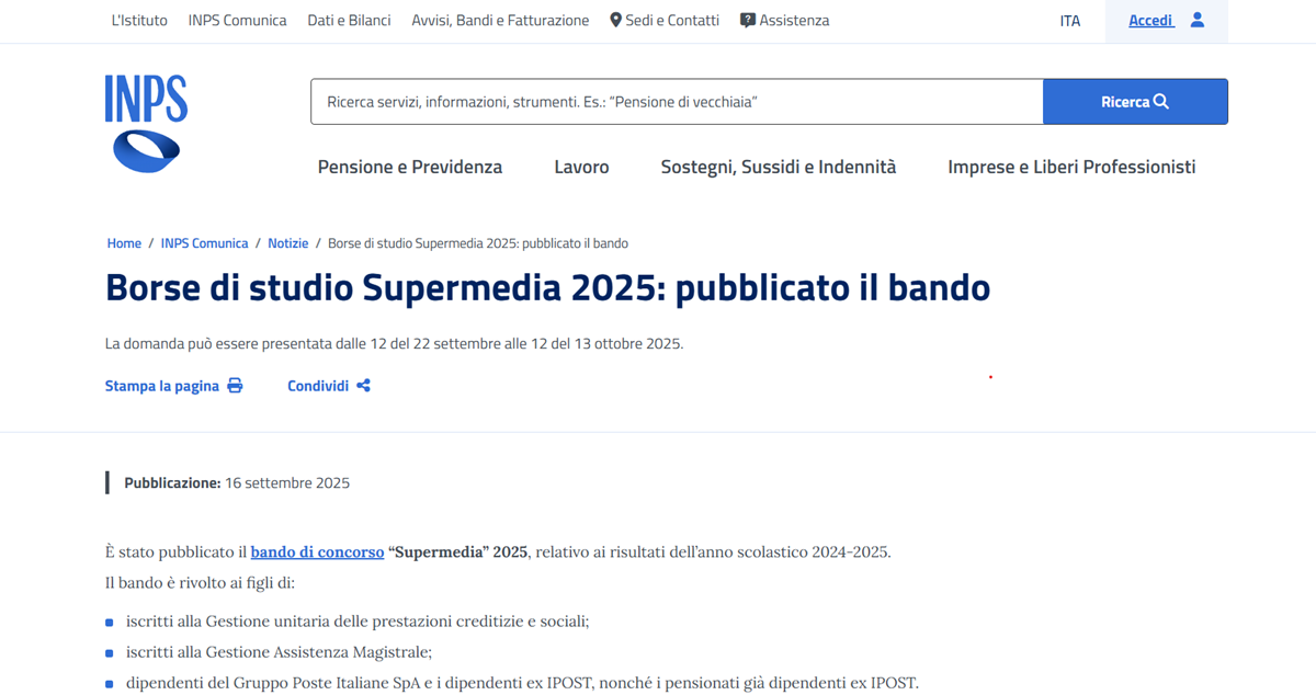 Bando Supermedia 2025, dall’INPS 11.800 borse di studio: requisiti e ...